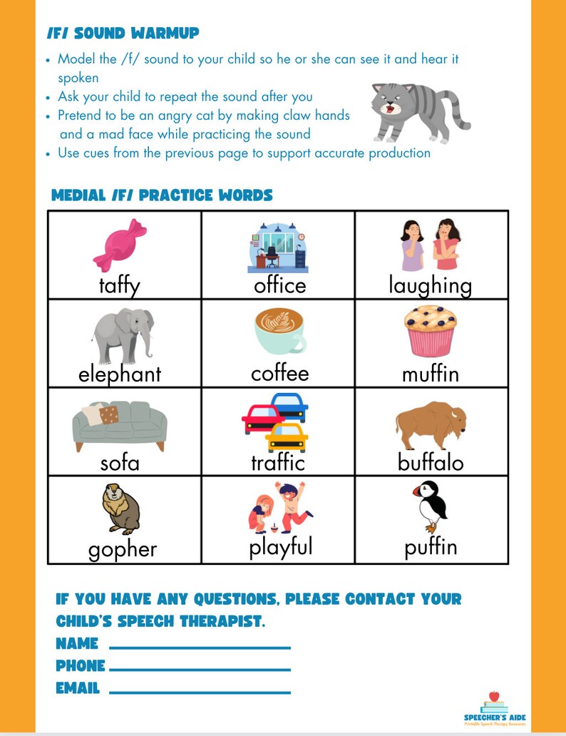 Medial /f/ Sound Home Practice Sheets, Speech Therapy, Articulation ...