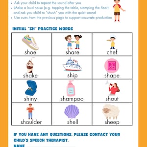 Initial “sh” Sound Home Practice Sheets, Speech Therapy, Articulation ...