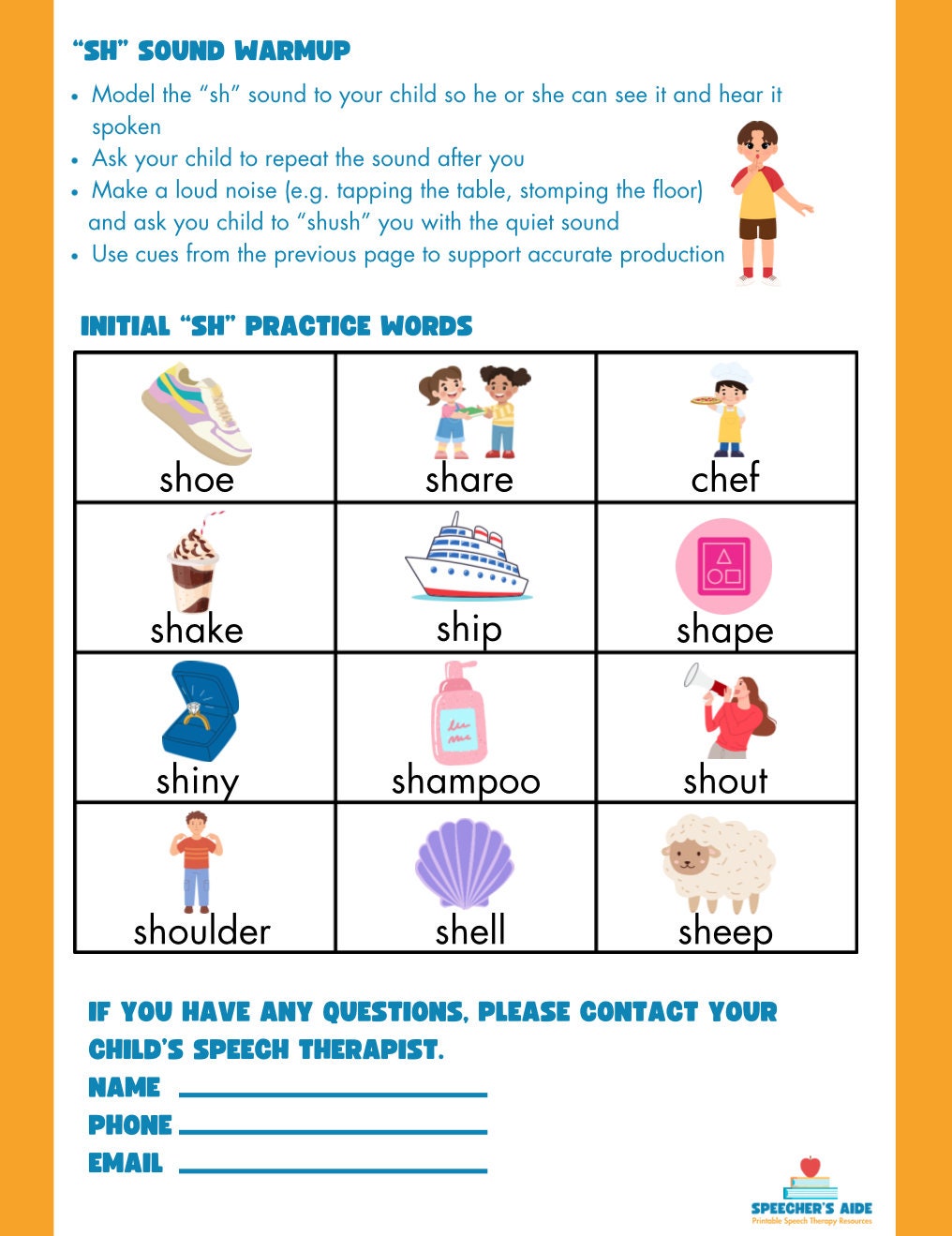 Initial “sh” Sound Home Practice Sheets, Speech Therapy, Articulation ...