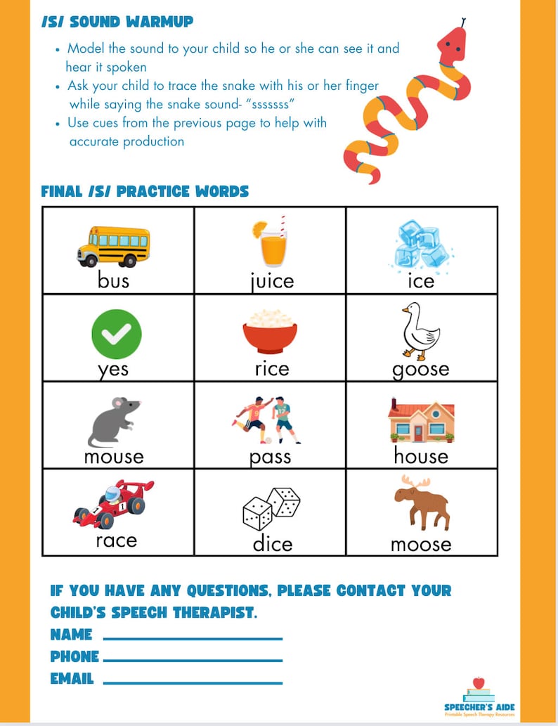 Final /s/ Home Practice Sheets, Speech Therapy, Articulation, Homework ...