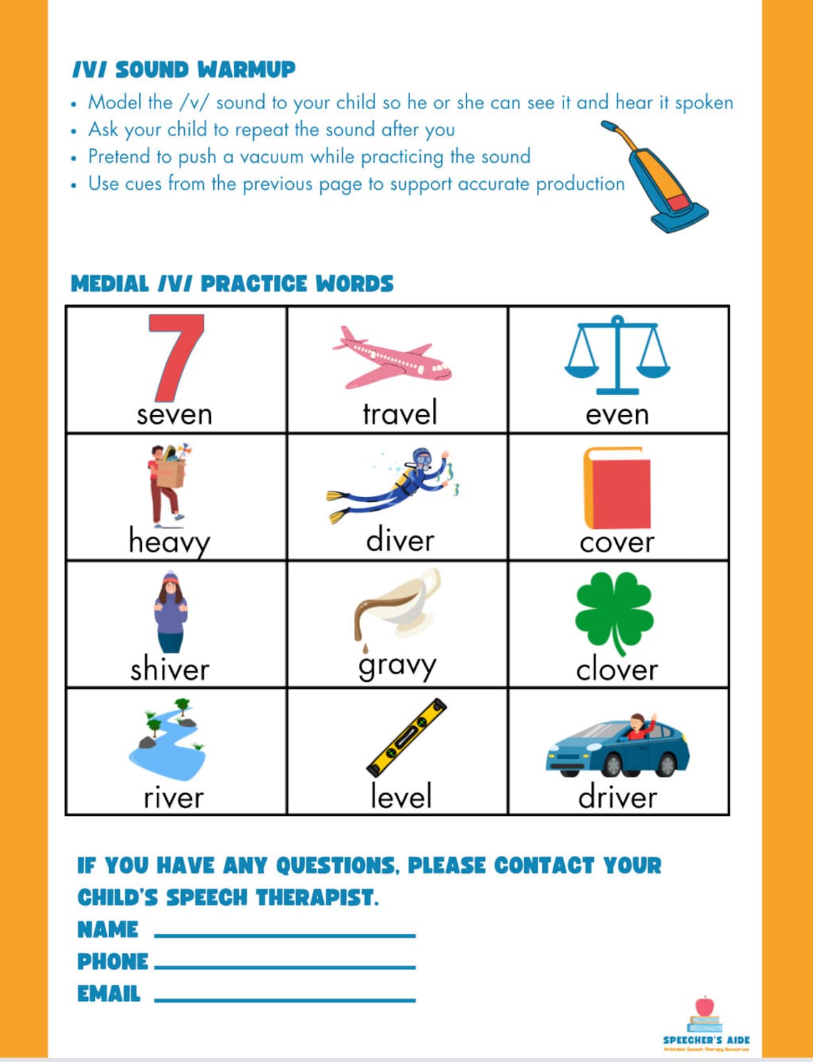 Medial /v/ Sound Home Practice Sheets, Speech Therapy, Articulation ...
