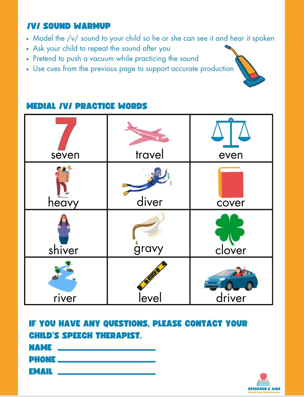 Medial /v/ Sound Home Practice Sheets, Speech Therapy, Articulation ...