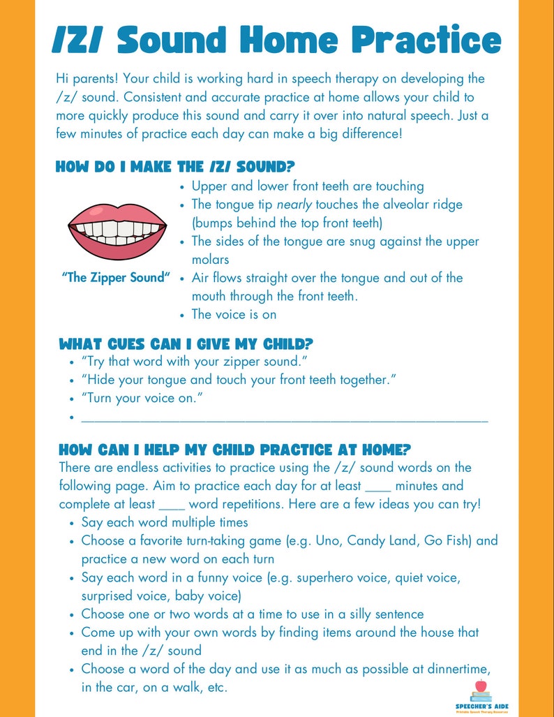 Final /z/ Sound Home Practice Sheets, Speech Therapy, Articulation ...