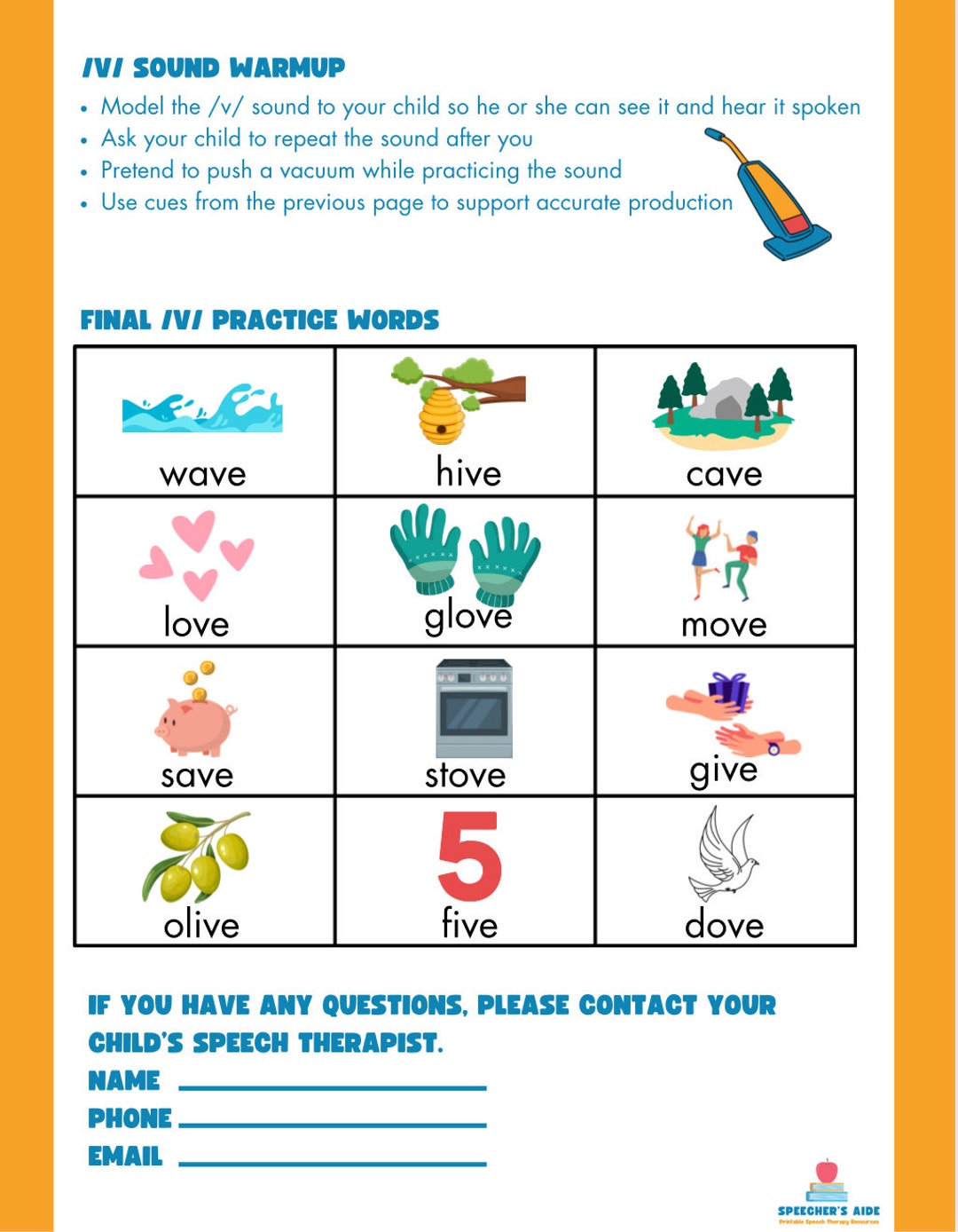 Final /v/ Sound Home Practice Sheets, Speech Therapy, Articulation ...