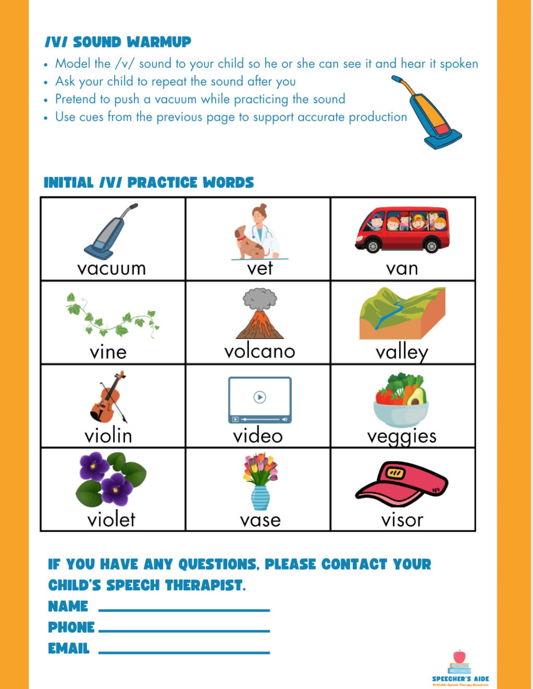 Initial /v/ Home Practice Sheets, Speech Therapy, Articulation ...