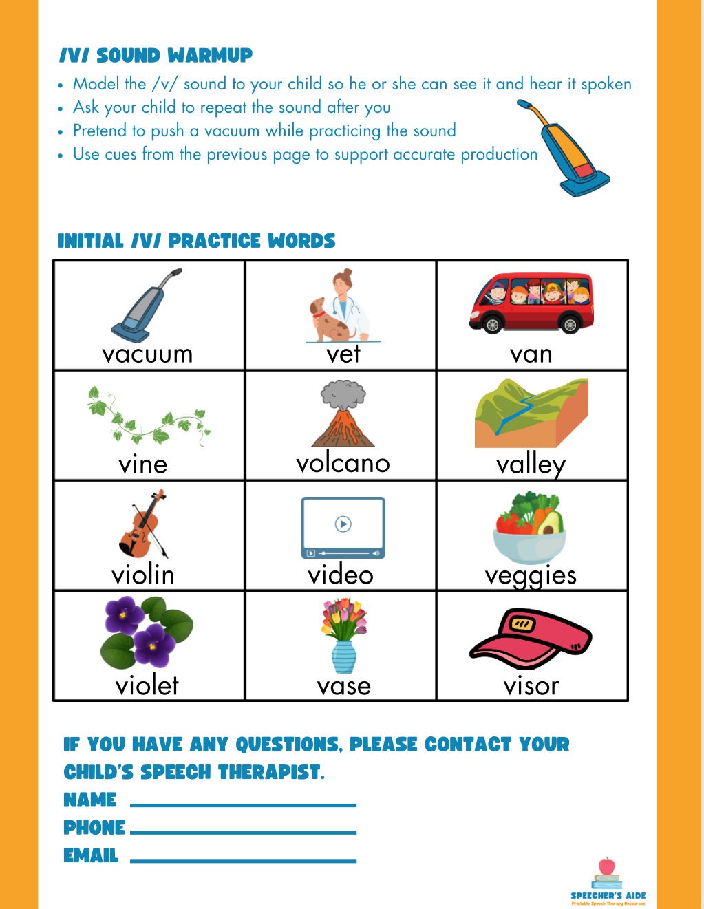 Initial /v/ Home Practice Sheets, Speech Therapy, Articulation ...