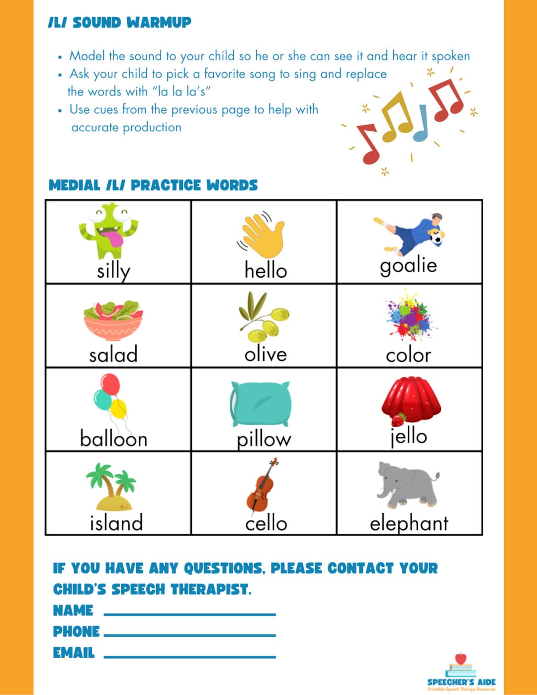 Medial /L/ Home Practice Sheets, Speech Therapy, Articulation, Homework ...