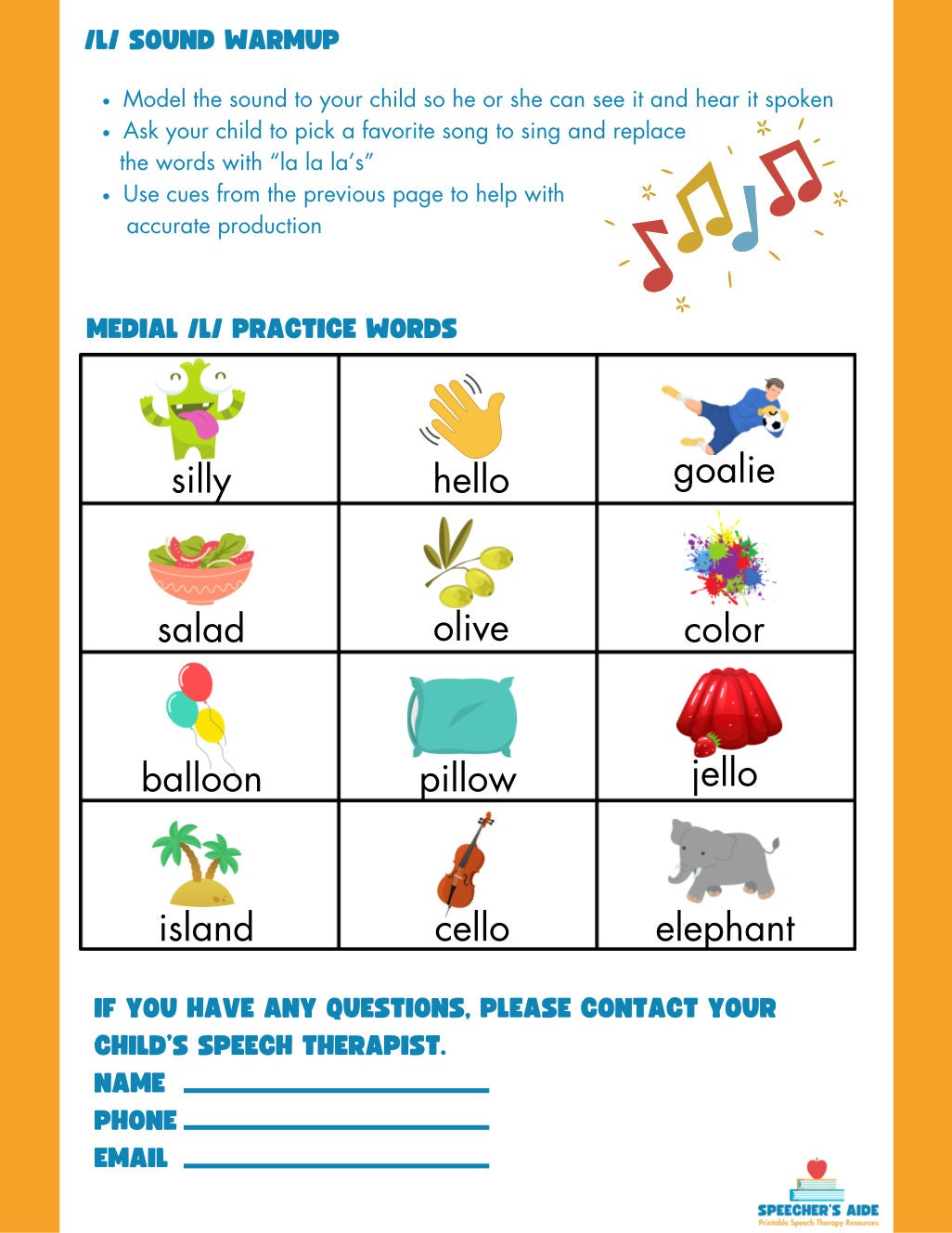 Medial /L/ Home Practice Sheets, Speech Therapy, Articulation, Homework ...