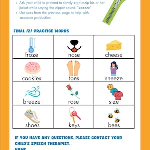 Final /z/ Sound Home Practice Sheets, Speech Therapy, Articulation ...