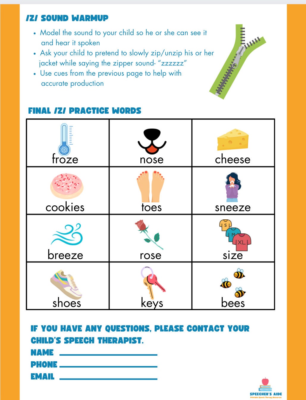 Final /z/ Sound Home Practice Sheets, Speech Therapy, Articulation ...
