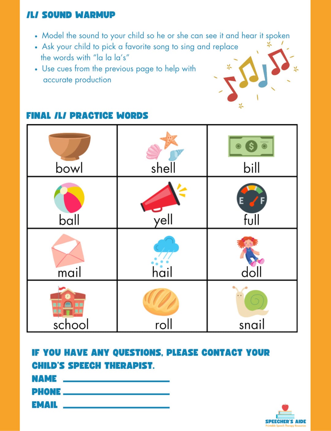 Final /L/ Sound Home Practice Sheets, Speech Therapy, Articulation ...