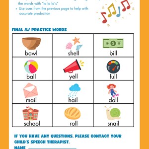 Final /L/ Sound Home Practice Sheets, Speech Therapy, Articulation ...