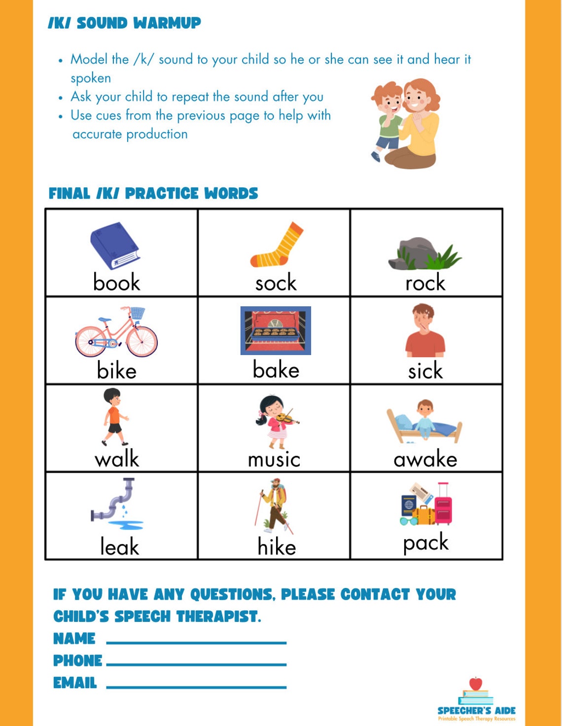 Final /k/ Sound Home Practice Sheets, Speech Therapy, Articulation ...