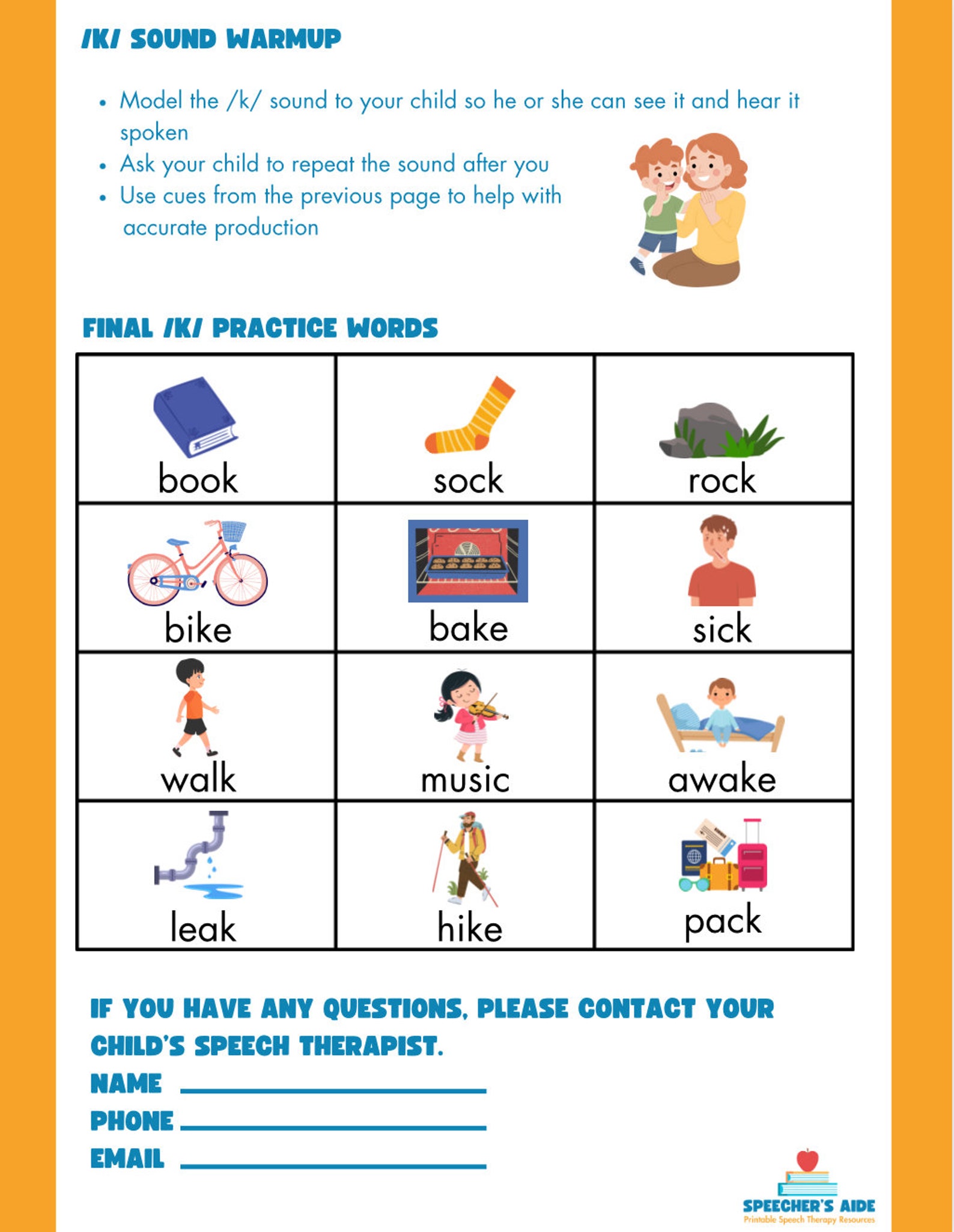 Final /k/ Sound Home Practice Sheets, Speech Therapy, Articulation ...