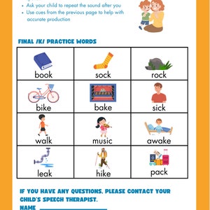 Final /k/ Sound Home Practice Sheets, Speech Therapy, Articulation ...