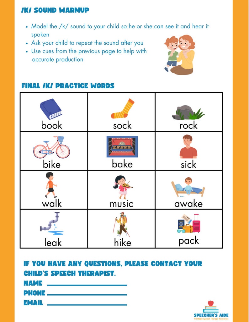 Final /k/ Sound Home Practice Sheets, Speech Therapy, Articulation ...