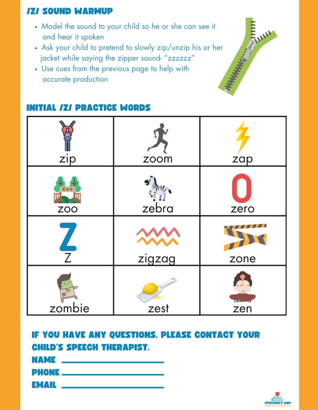 Initial /z/ Sound Home Practice Sheets, Speech Therapy, Articulation ...