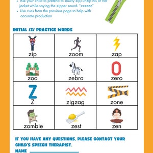 Initial /z/ Sound Home Practice Sheets, Speech Therapy, Articulation ...