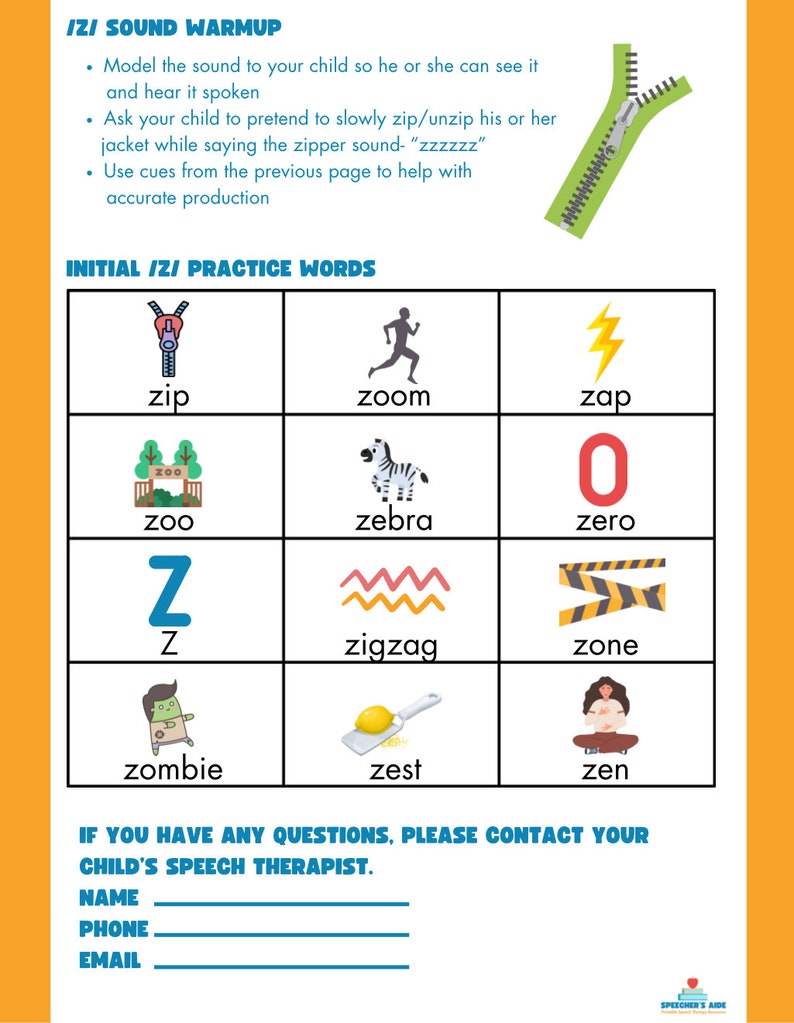 Initial /z/ Sound Home Practice Sheets, Speech Therapy, Articulation ...