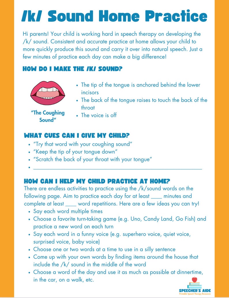 Medial /k/ Sound Home Practice Sheets, Speech Therapy, Articulation ...