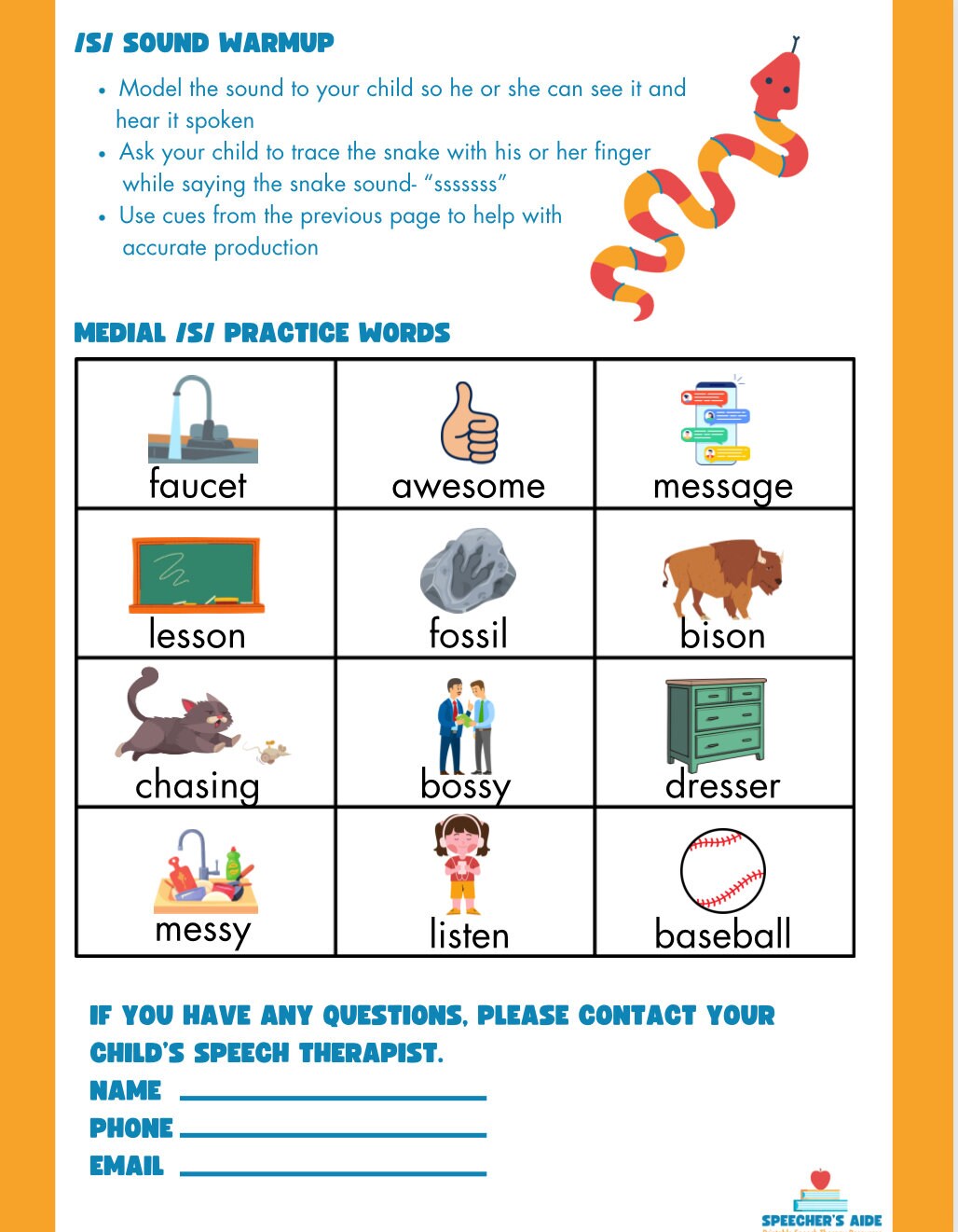 Medial /s/ Sound Home Practice Sheets Speech Therapy, Articulation ...