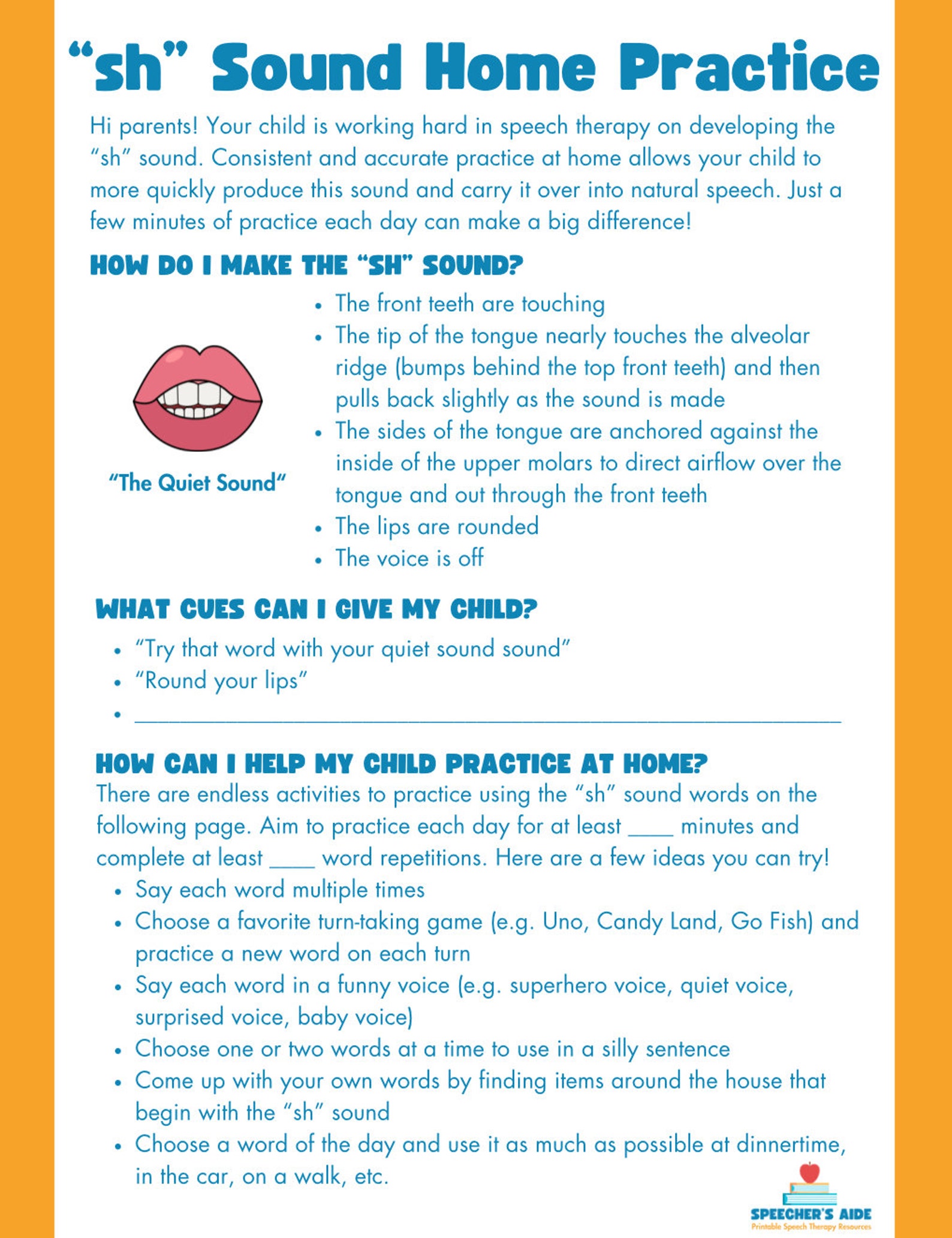 Initial “sh” Sound Home Practice Sheets, Speech Therapy, Articulation ...