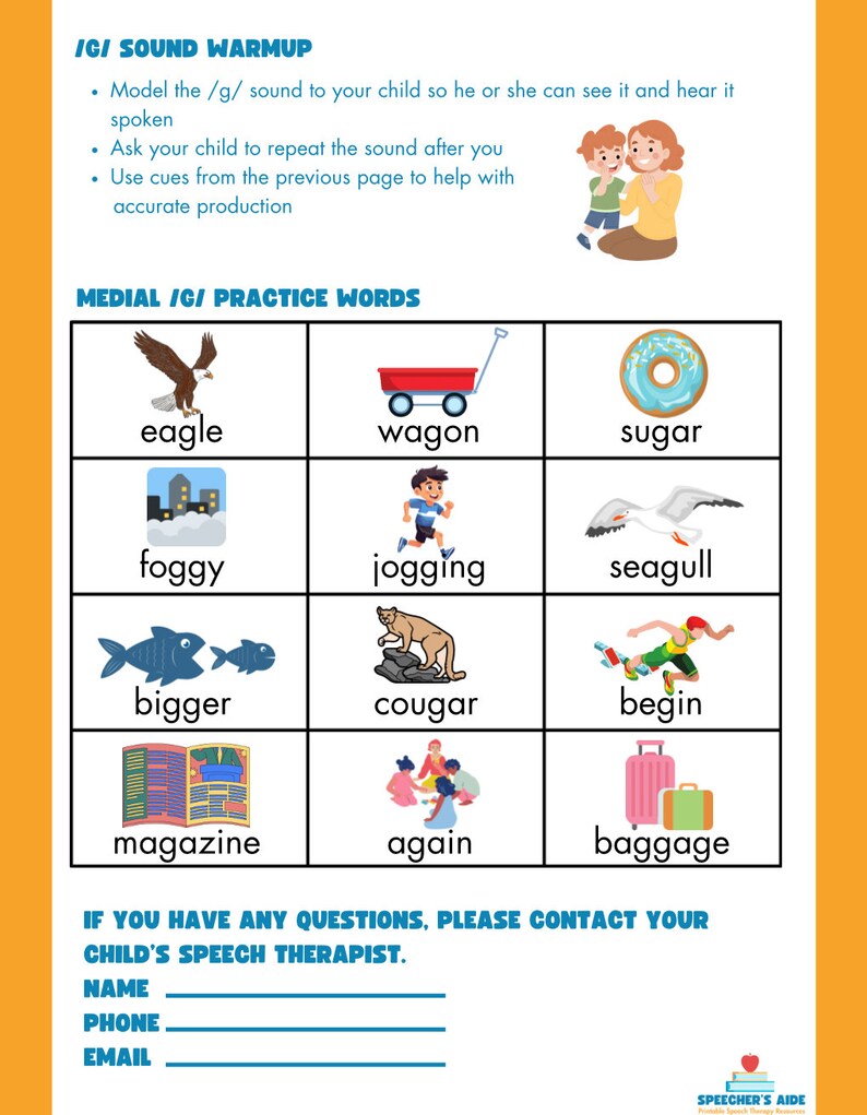 Medial /g/ Sound Home Practice Sheets, Speech Therapy, Articulation ...