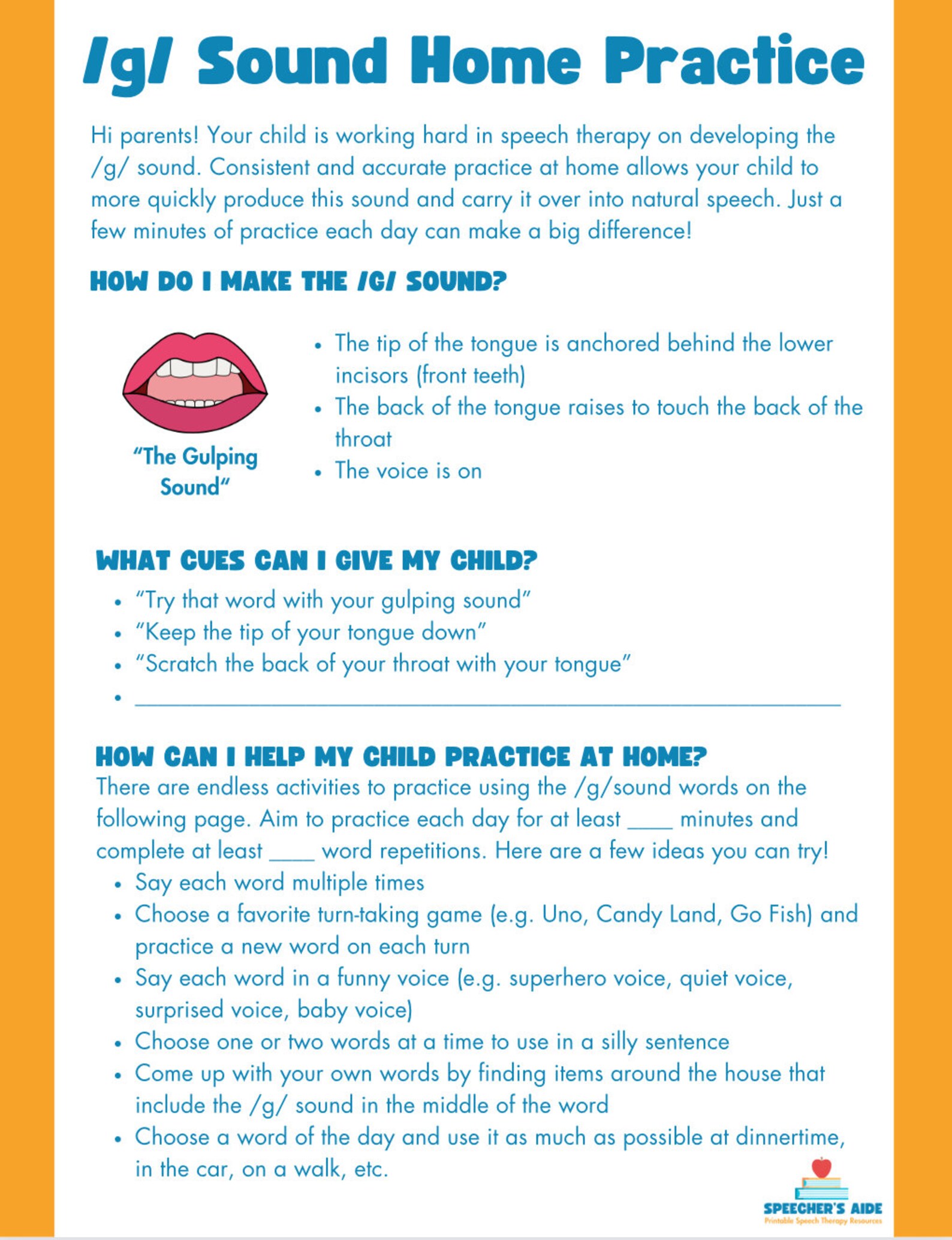 Medial /g/ Sound Home Practice Sheets, Speech Therapy, Articulation ...