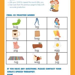 Final /g/ Sound Home Practice Sheets, Speech Therapy, Articulation ...