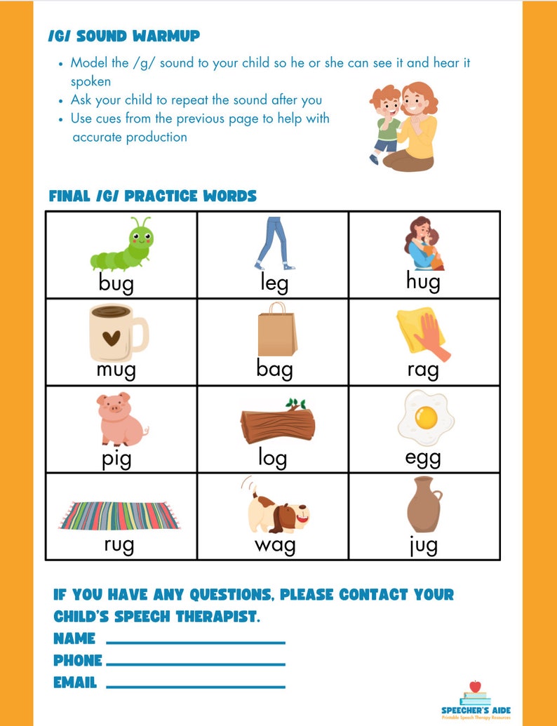 Final /g/ Sound Home Practice Sheets, Speech Therapy, Articulation ...