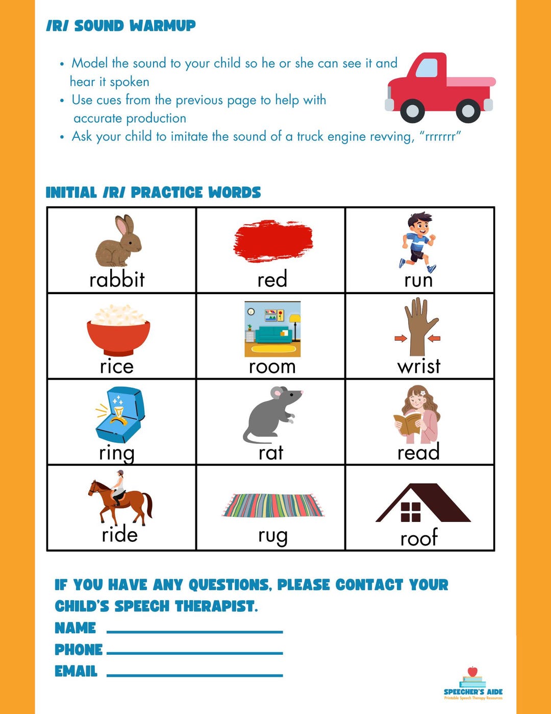 Prevocalic (initial) /r/ Home Practice Sheet, Speech Therapy ...