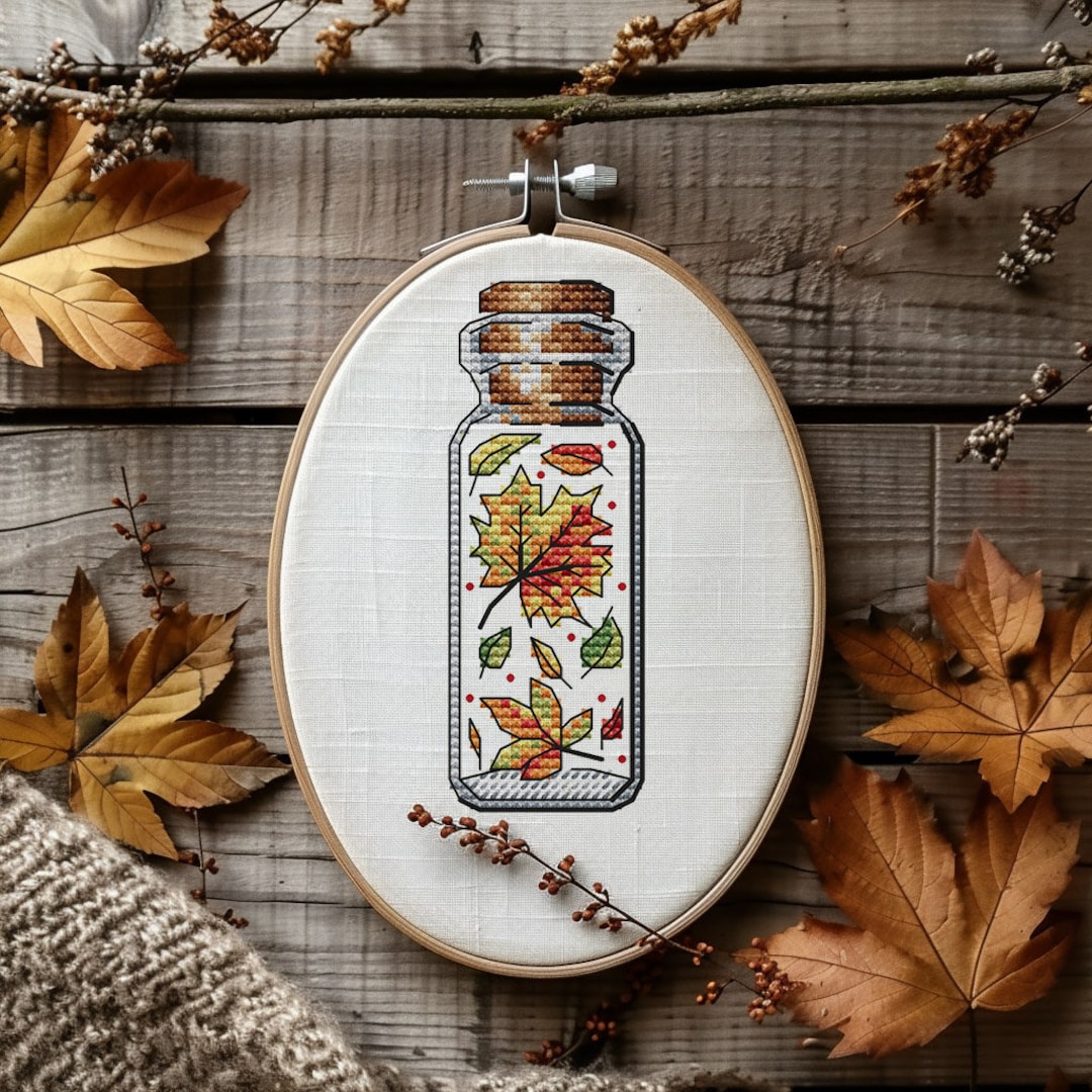 Yellow Leaves Pattern for Cross Stitch, Leaves in a Bottle, Autumn ...