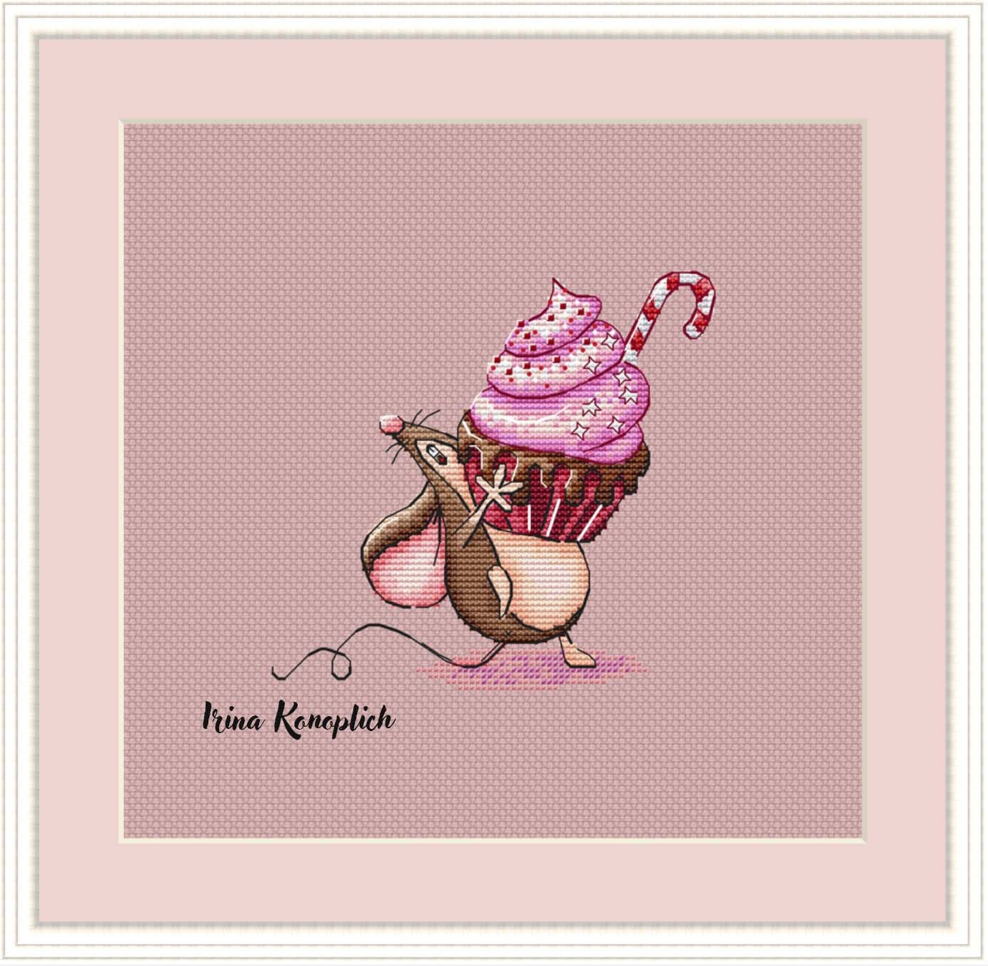 Mouse With Cake Cross Stitch Pattern, Cute Small Embroidery Cupcake for ...