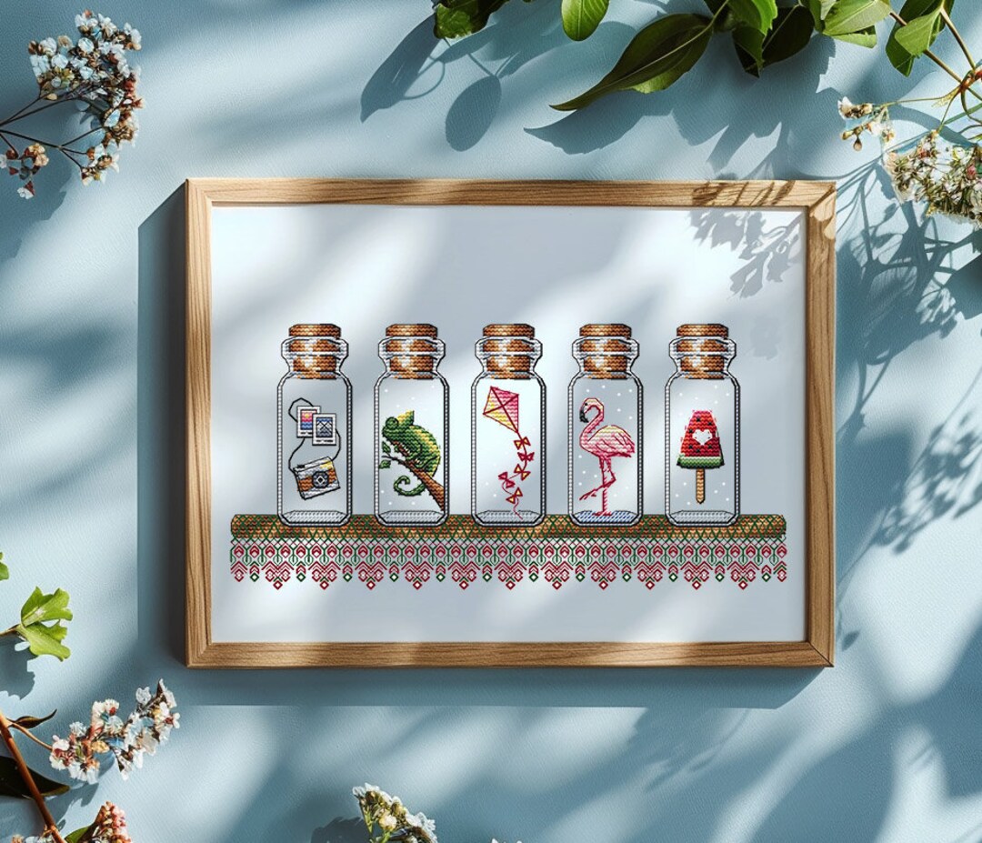 Set Summer Shelf With Bottles Cross Stitch Pattern, Camera Chameleon ...