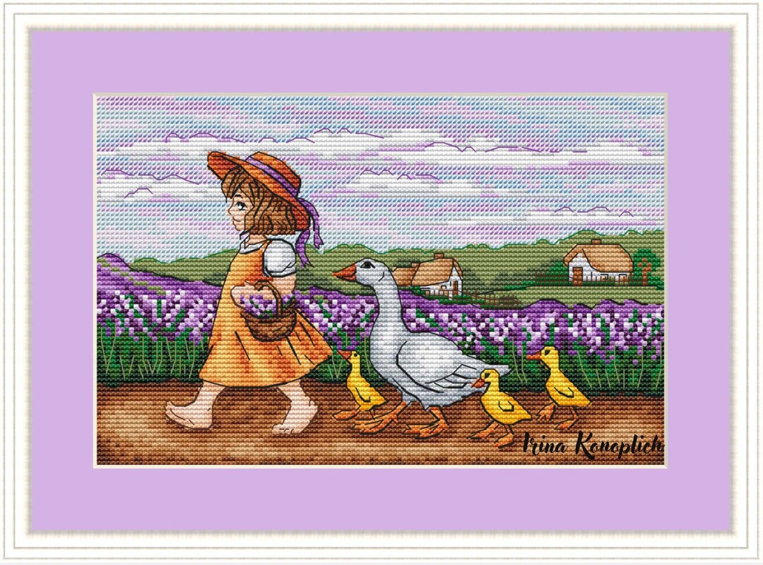 Girl and Geese Cross Stitch Pattern, Lavender Flowers Sunset, Rustic ...