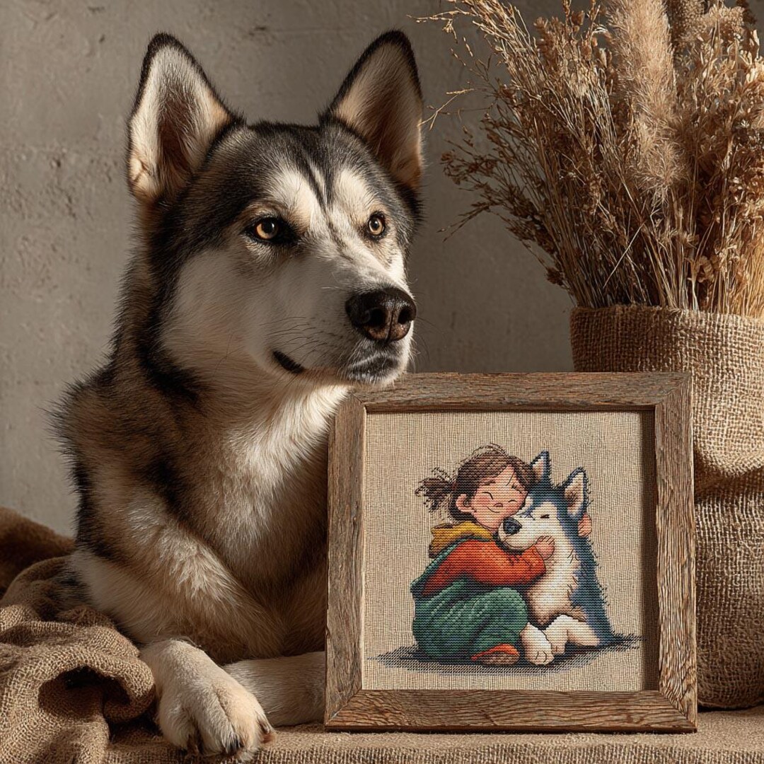 Girl With a Dog Cross Stitch Pattern, Animal Friendship, Friends, Husky ...