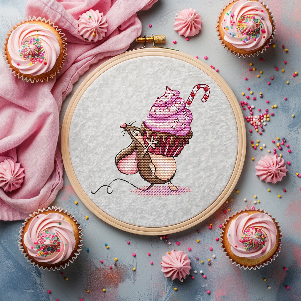 Mouse With Cake Cross Stitch Pattern, Cute Small Embroidery Cupcake for ...