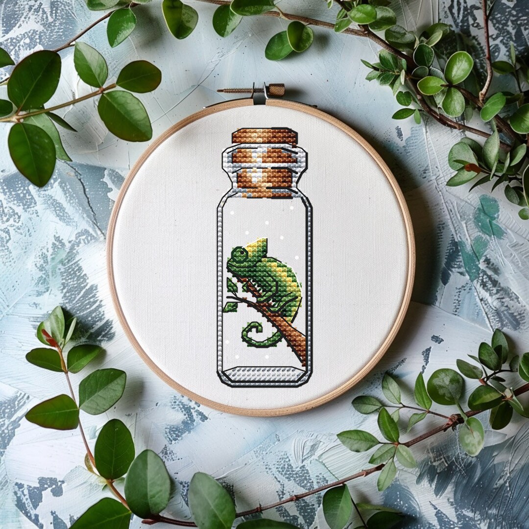 Chameleon Cross Stitch Pattern, Chameleon in a Bottle Pattern for ...