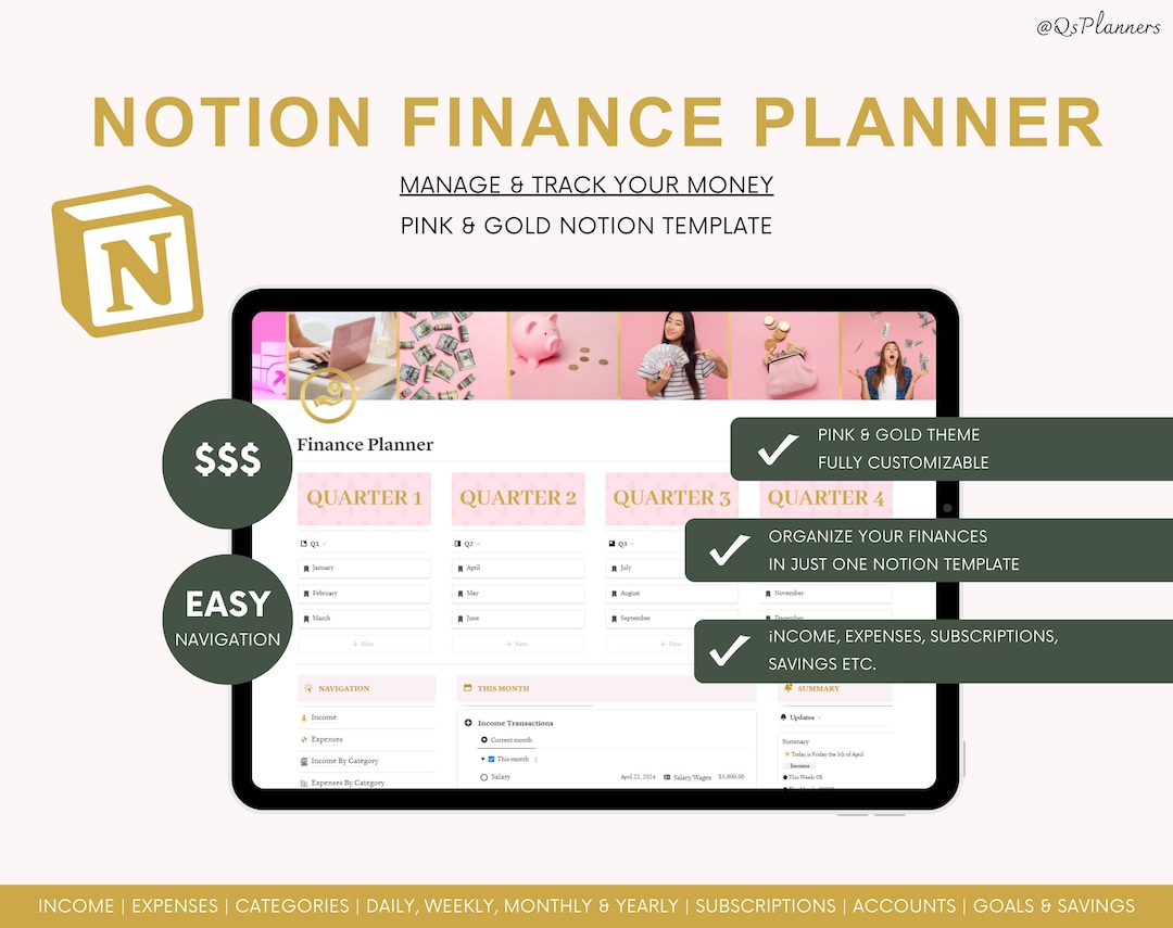 Notion Template Finance Pink Budget Tracker Gold Income and Expense ...