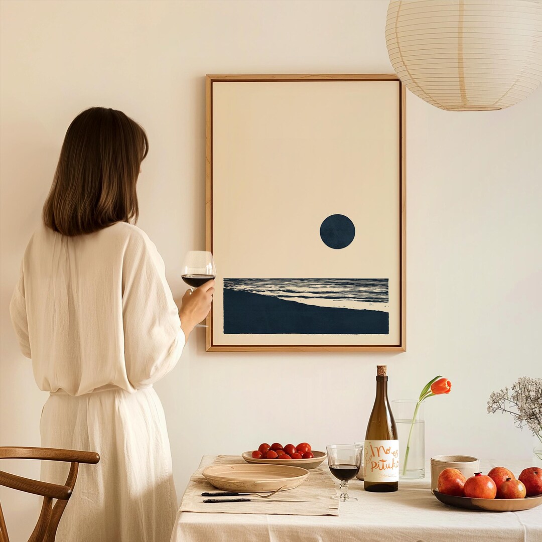 Minimal Coastal Seascape Art Print, Coast Landscape Wall Art, Woodblock ...
