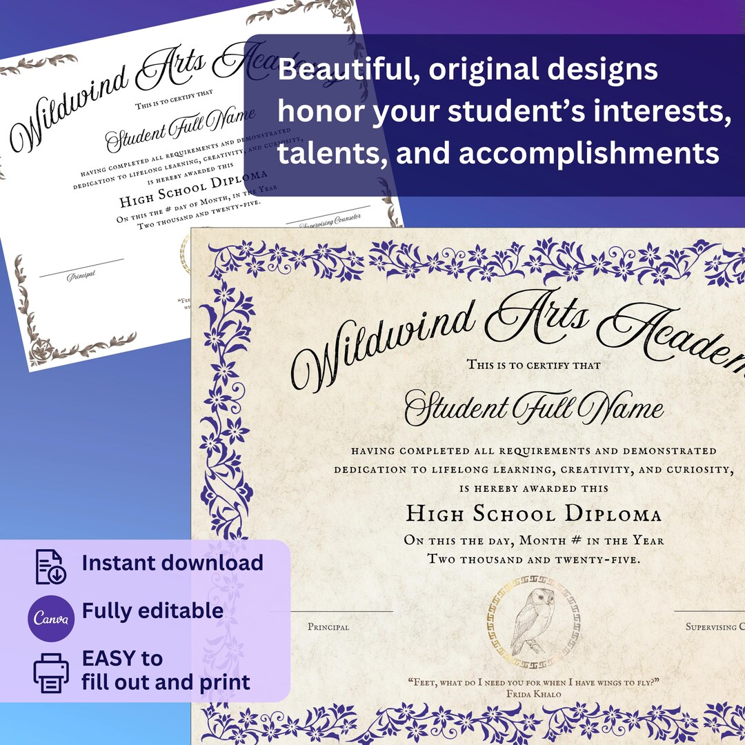 Artist Themed Diploma Customizable High School Templates - TWO Elegant ...