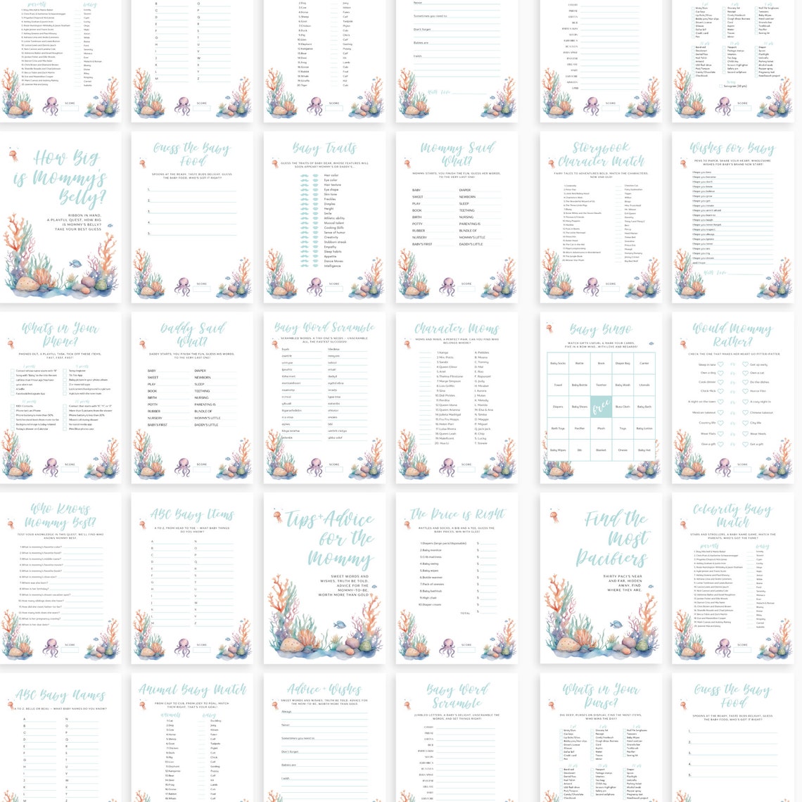 EDITABLE Under the Sea Baby Shower Games Bundle - Ocean Animals Octopus ...