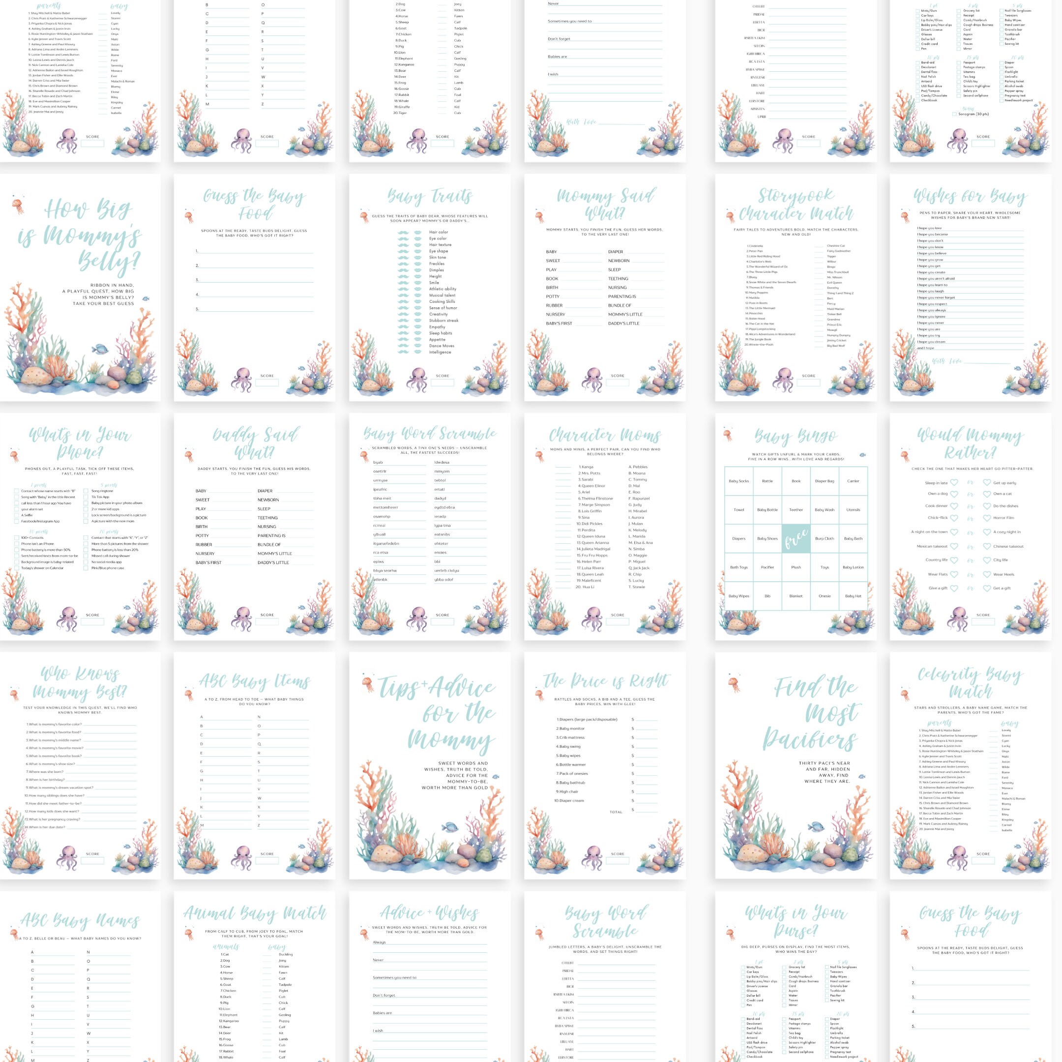 EDITABLE Under the Sea Baby Shower Games Bundle - Ocean Animals Octopus ...