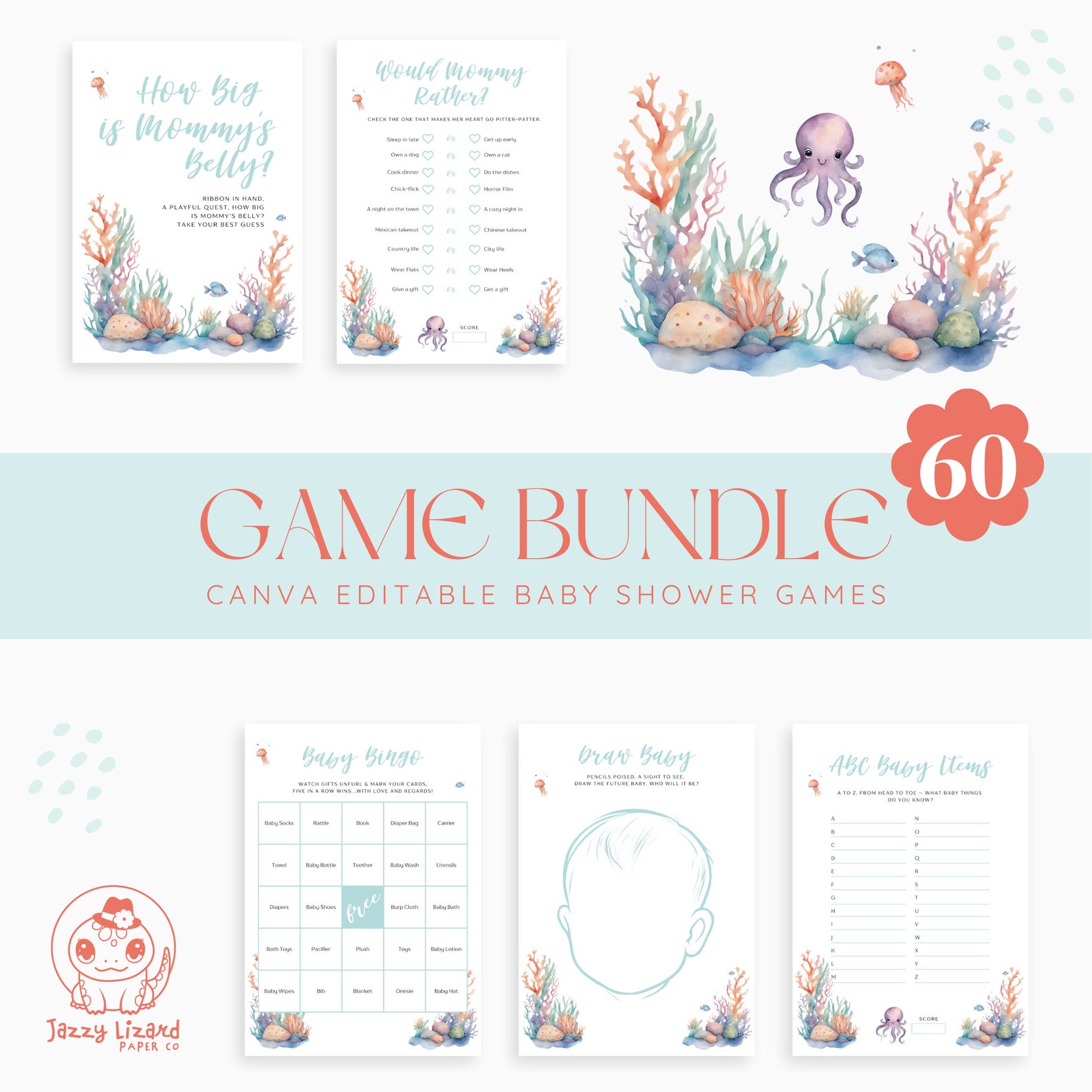 EDITABLE Under the Sea Baby Shower Games Bundle - Ocean Animals Octopus ...