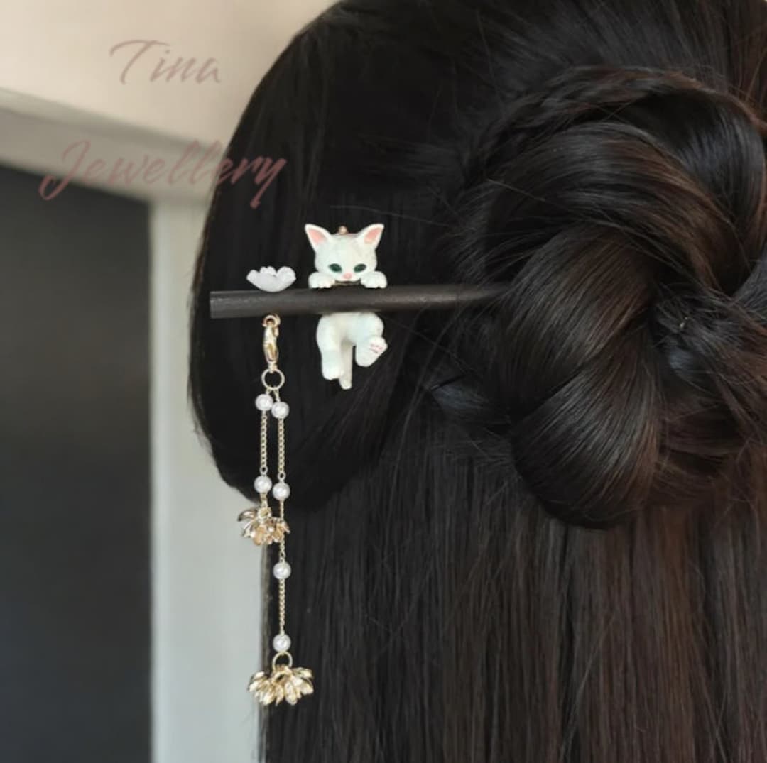 Cute Unique Cat Hairpin X2 Black Wooden Hair Sticks Chinese Style Cute ...