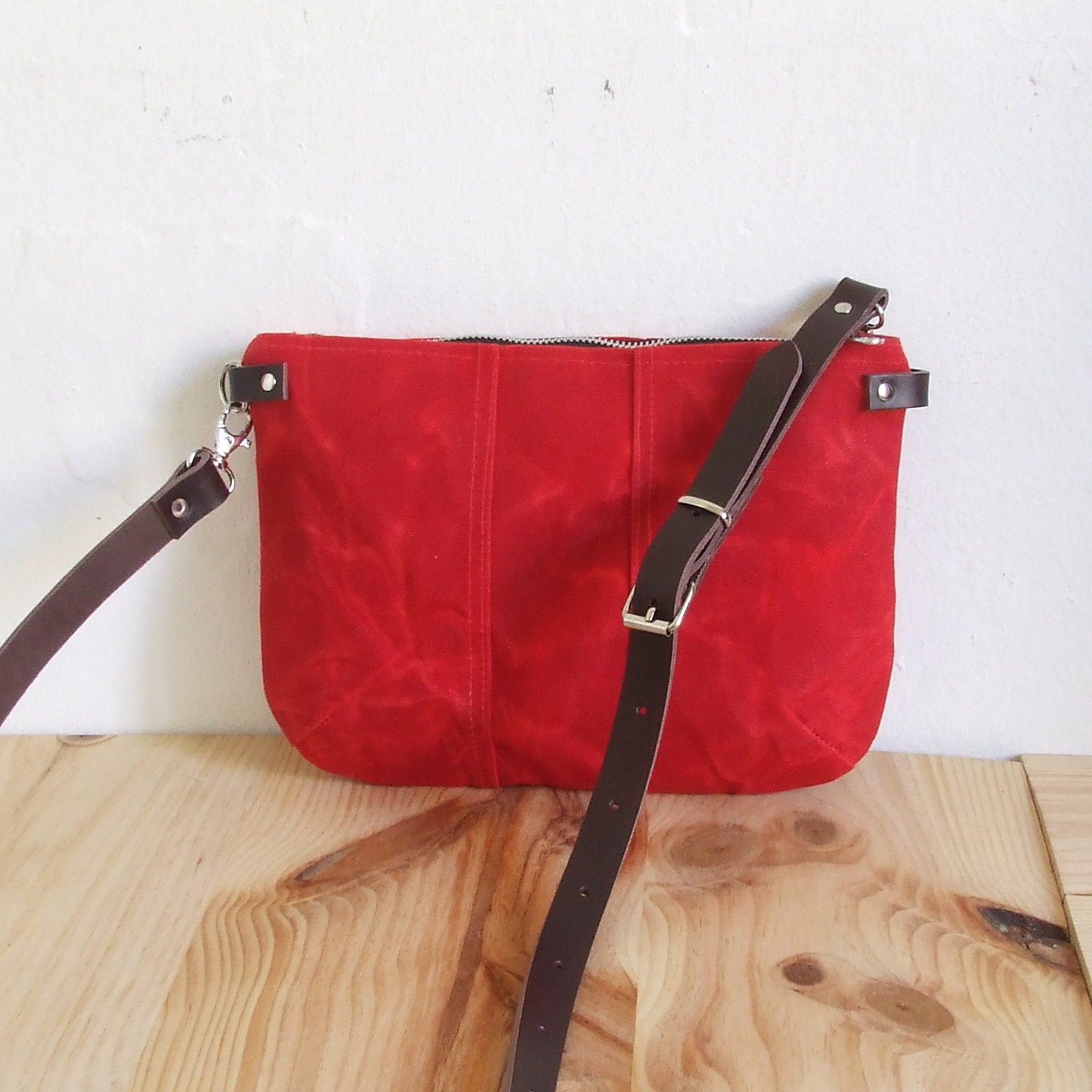 Mini Small Red Waxed Canvas Crossbody Purse With Zipper and Leather ...