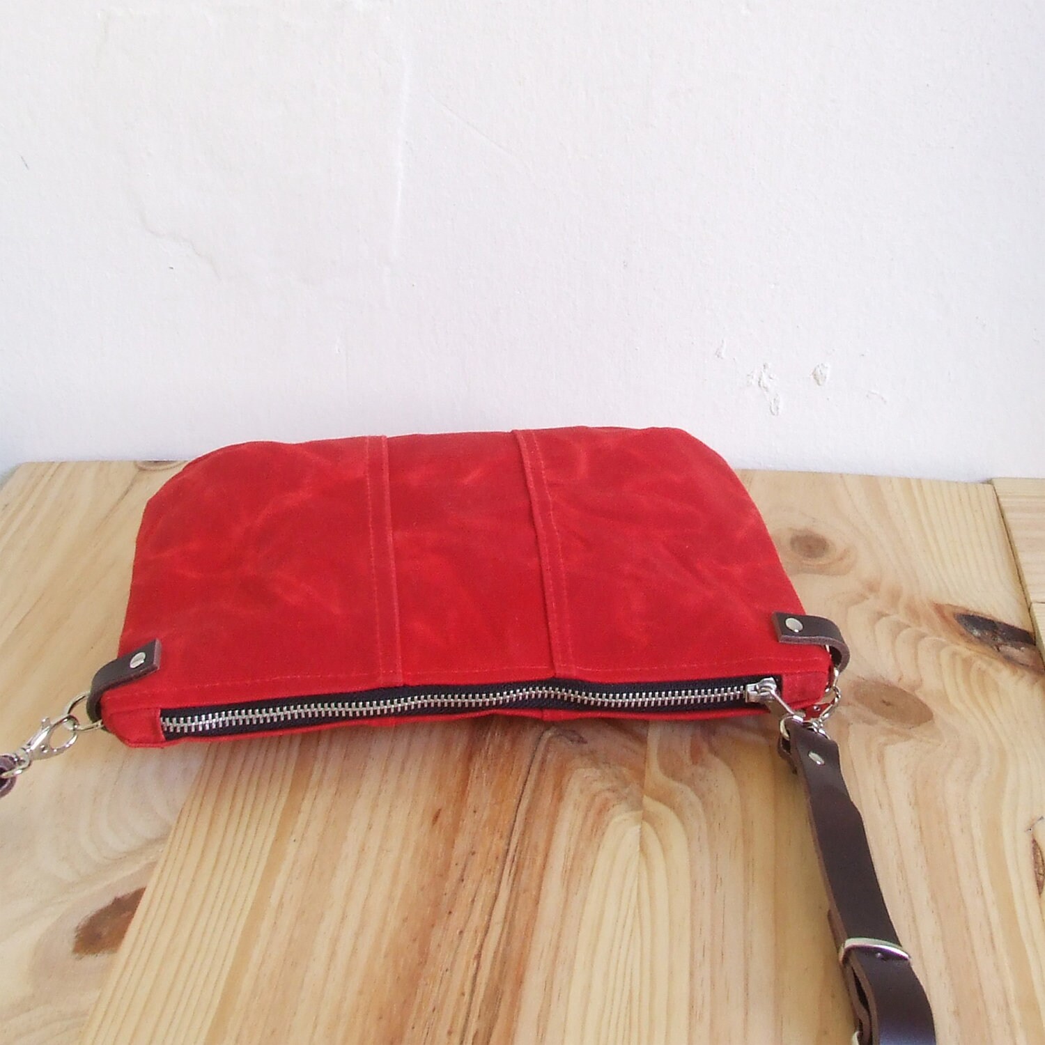 Mini Small Red Waxed Canvas Crossbody Purse With Zipper and Leather ...