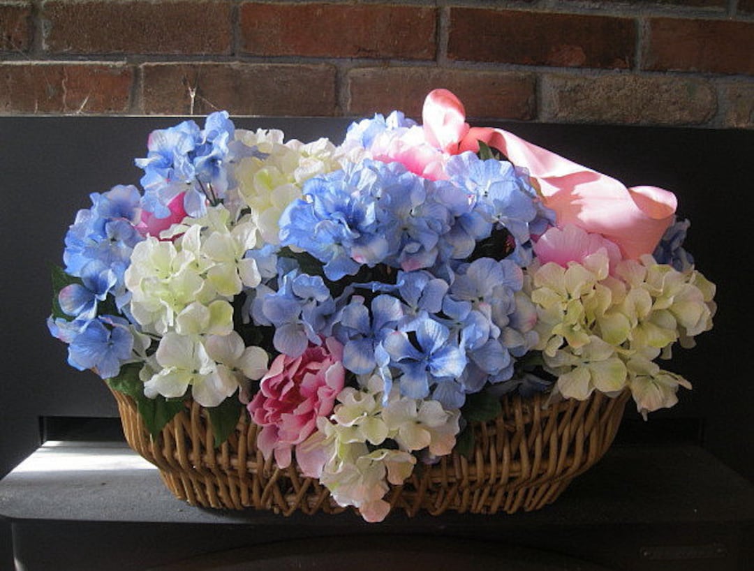 PEONY and HYDRANGEA Hanging BASKET Floral Silk Arrangement Centerpiece ...