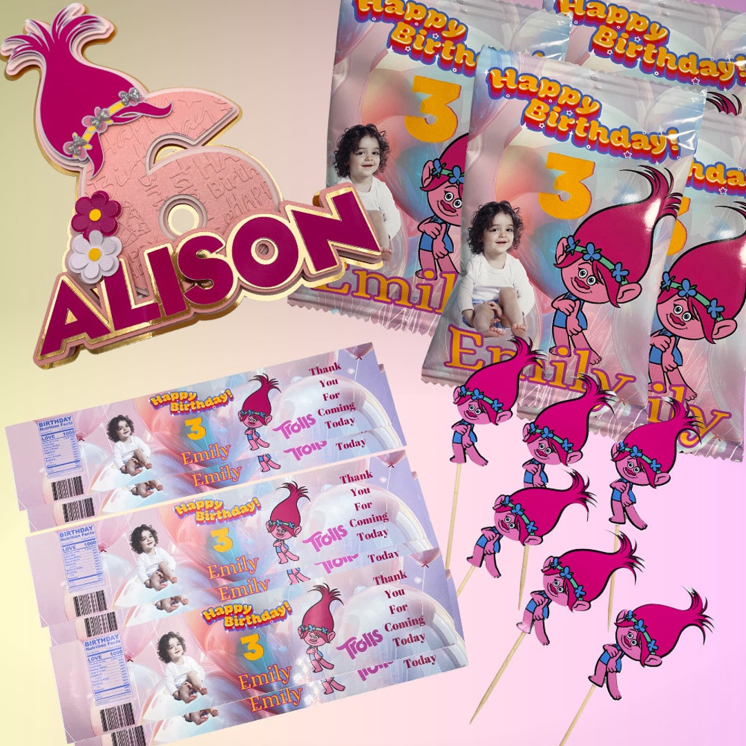 Custom Trolls Theme Party Favor Package, Cake Toppers, Birthday Party ...