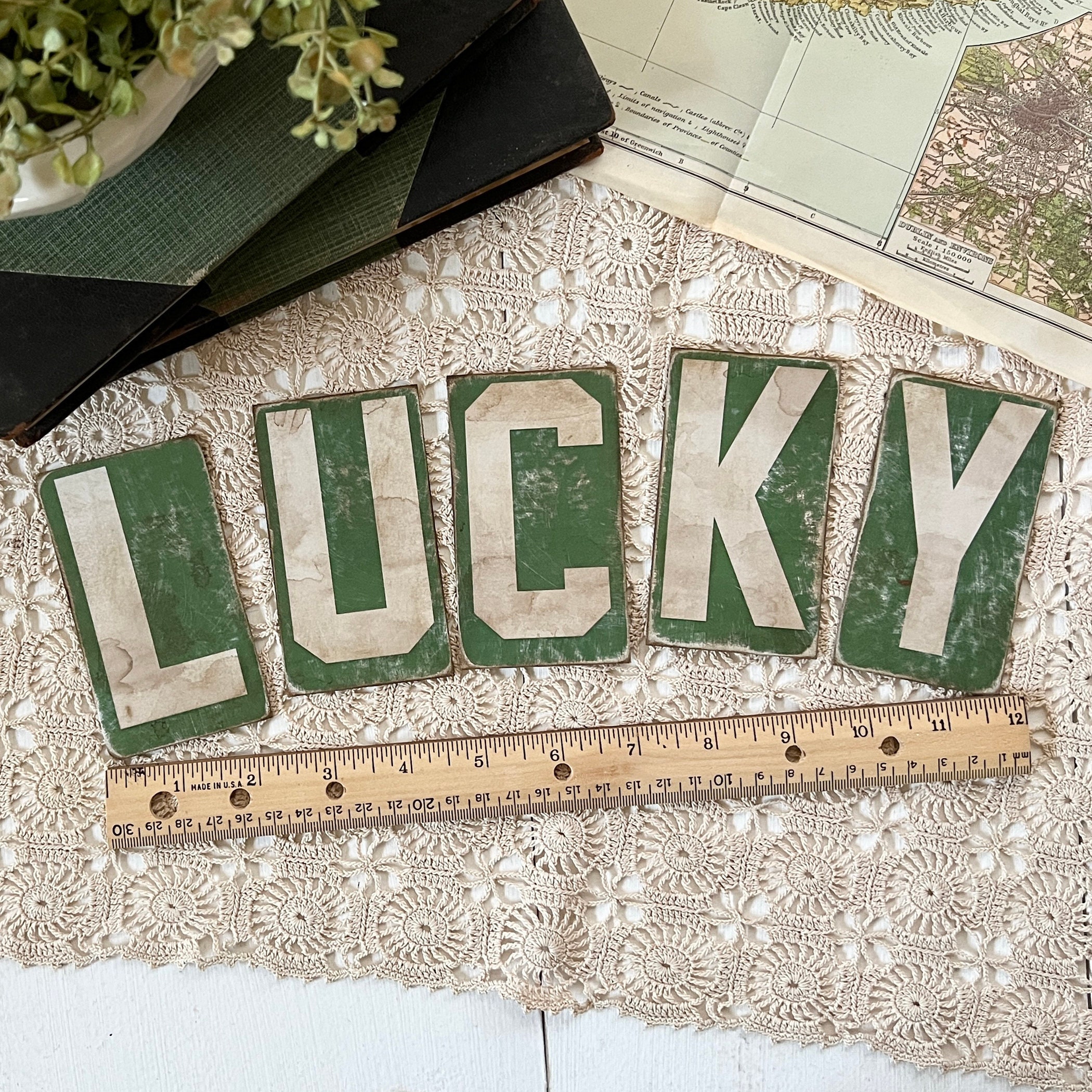 Vintage Inspired Industrial Letters "lucky" - 4" X 2 1/4" - Green ...